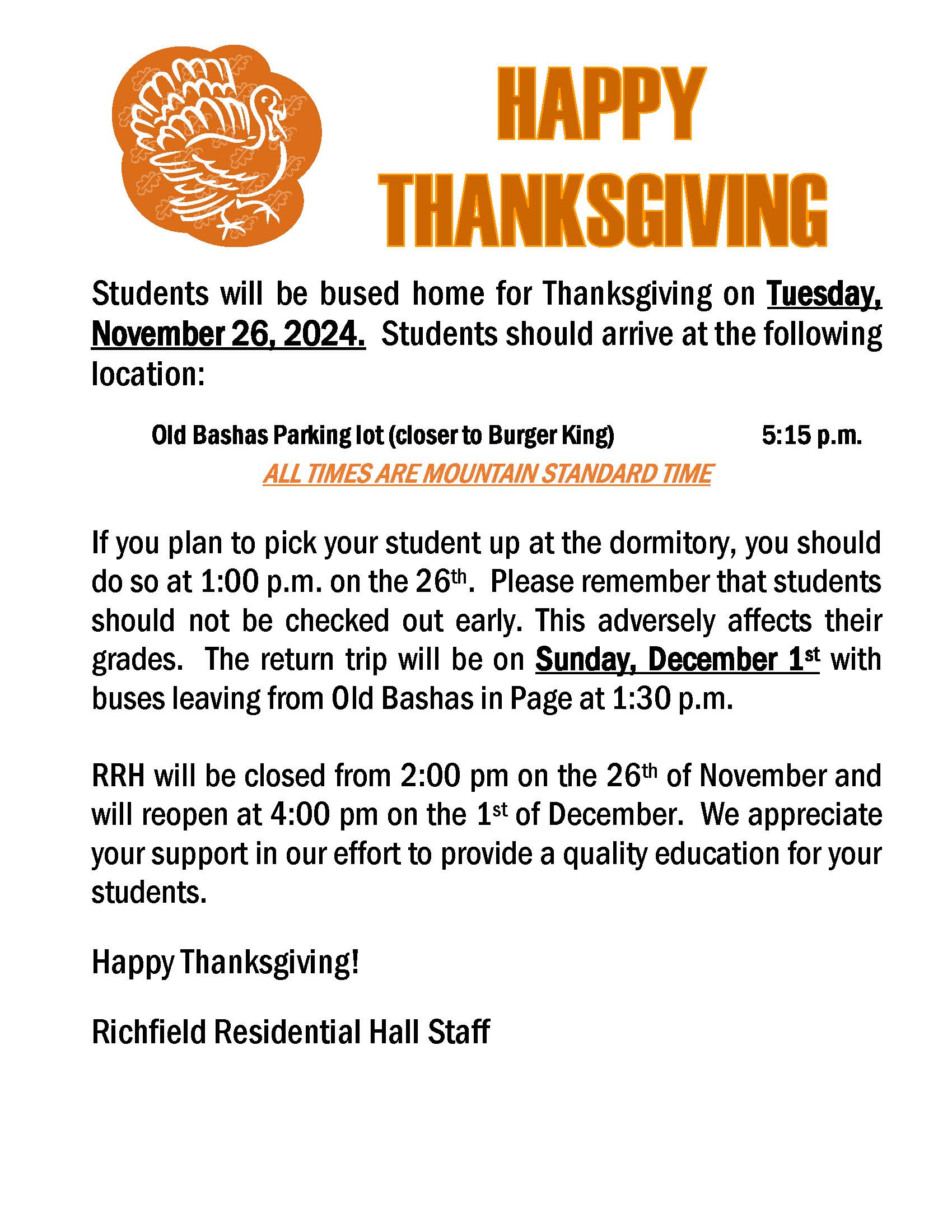 Thanksgiving Break is coming soon – Nov. 27 through Dec. 1. Bus leaves ...